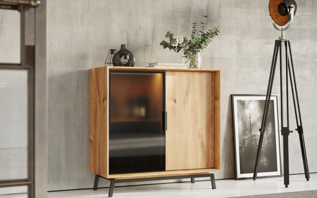 Comodă Bar Madison, Stejar Masiv și Sticlă, 101x45x101cm | Mobarta